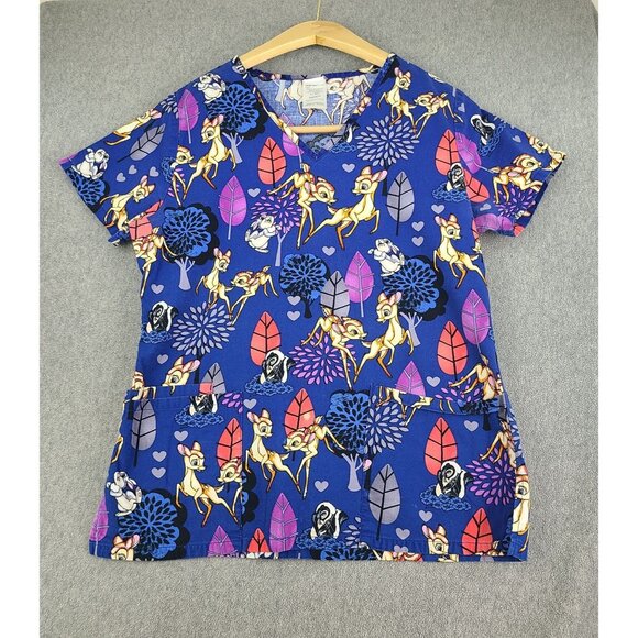 Disney | Tops | Disney Bambi Thumper Flower Leaves Trees Blue Scrub Top ...